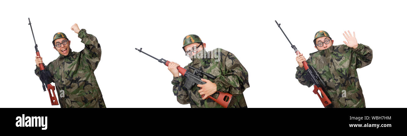 The military man with a gun isolated on white Stock Photo - Alamy