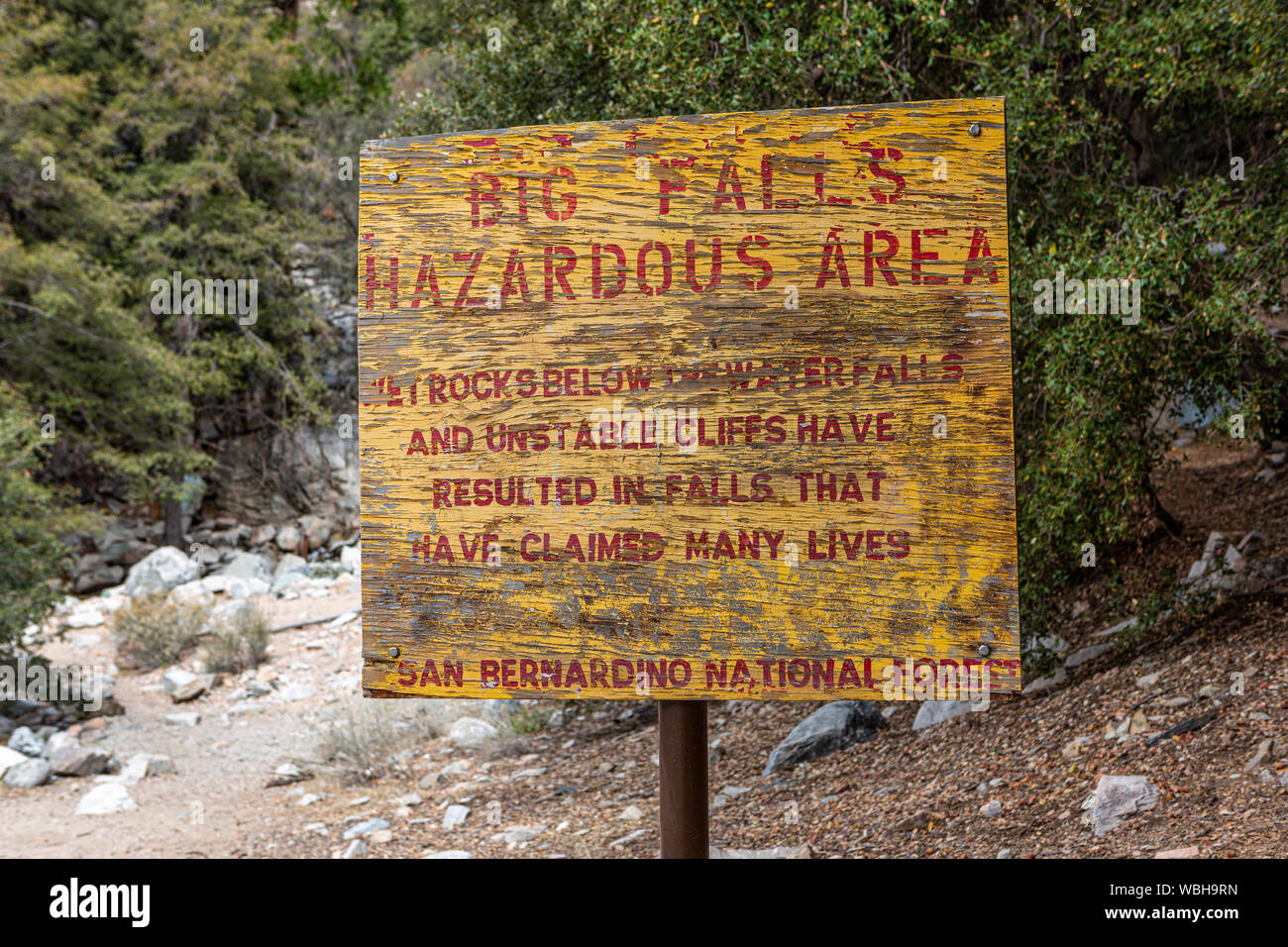 Warning sign at Big Falls, San Bernardino National Forest, California ...