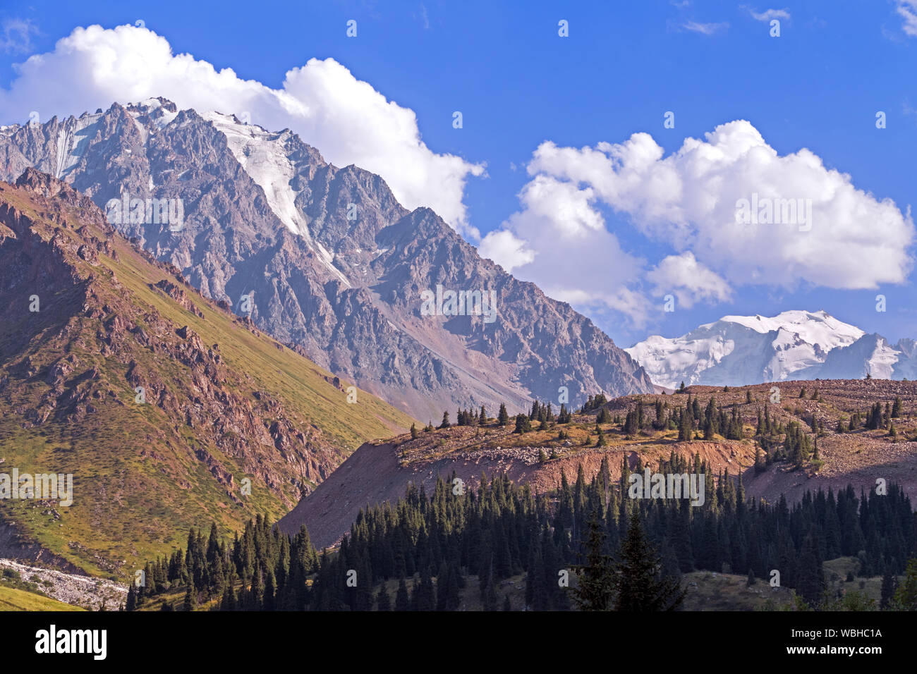 View of the beautiful Left Talgar mountain valley with river, rocks and ...
