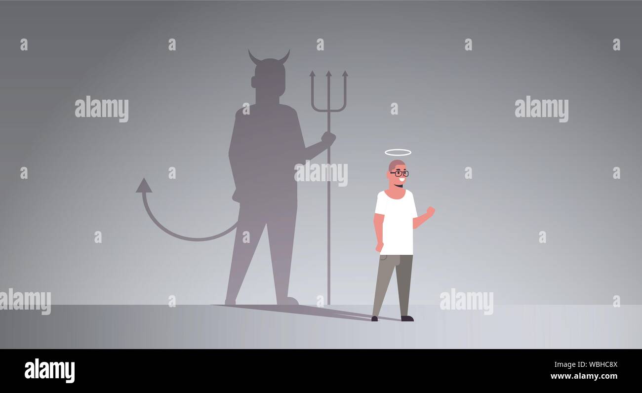 casual guy with nimbus choosing between good and evil shadow of devil ...