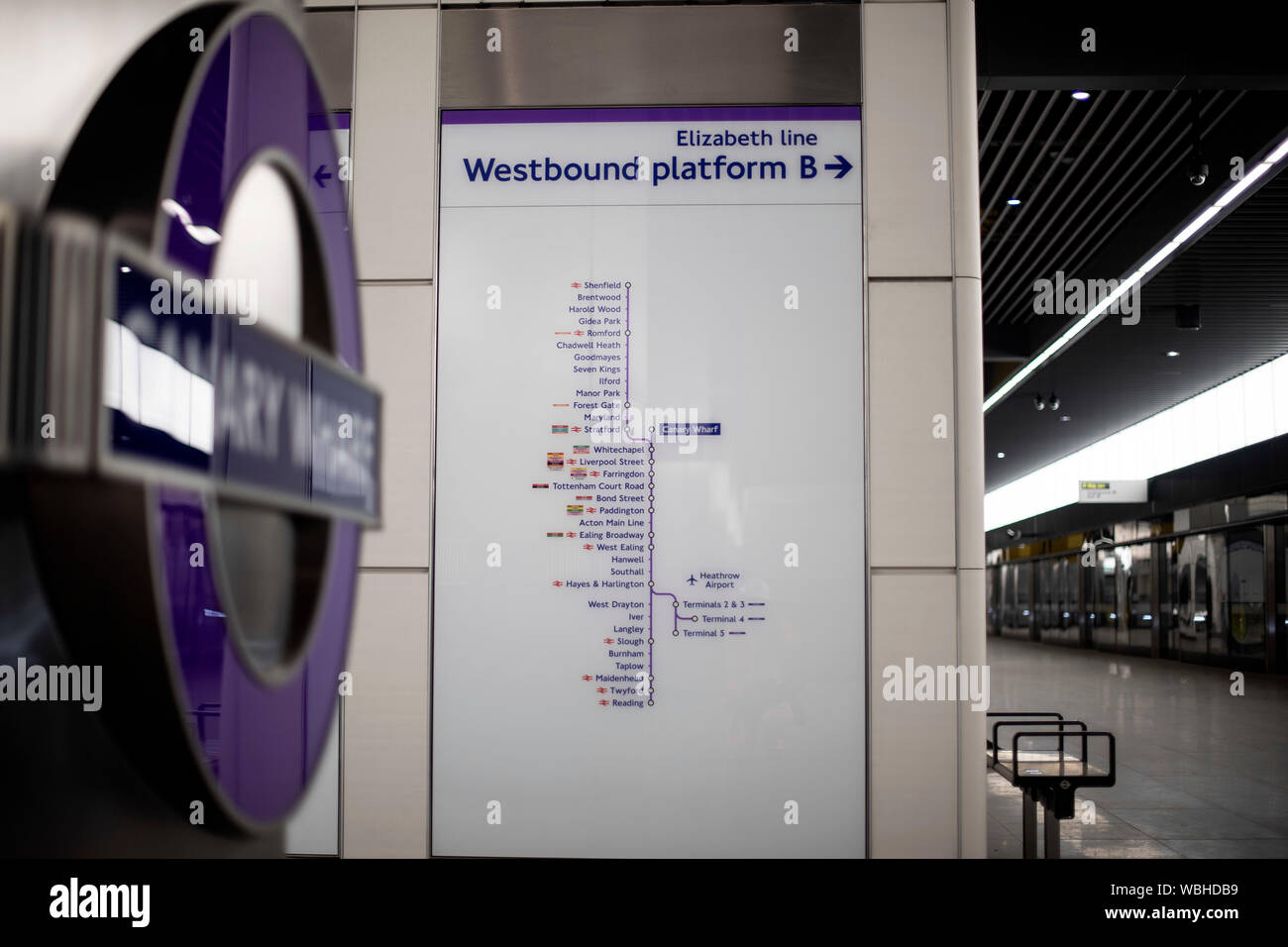 Canary Wharf signage in place on the platform of the new Elizabeth Line ...