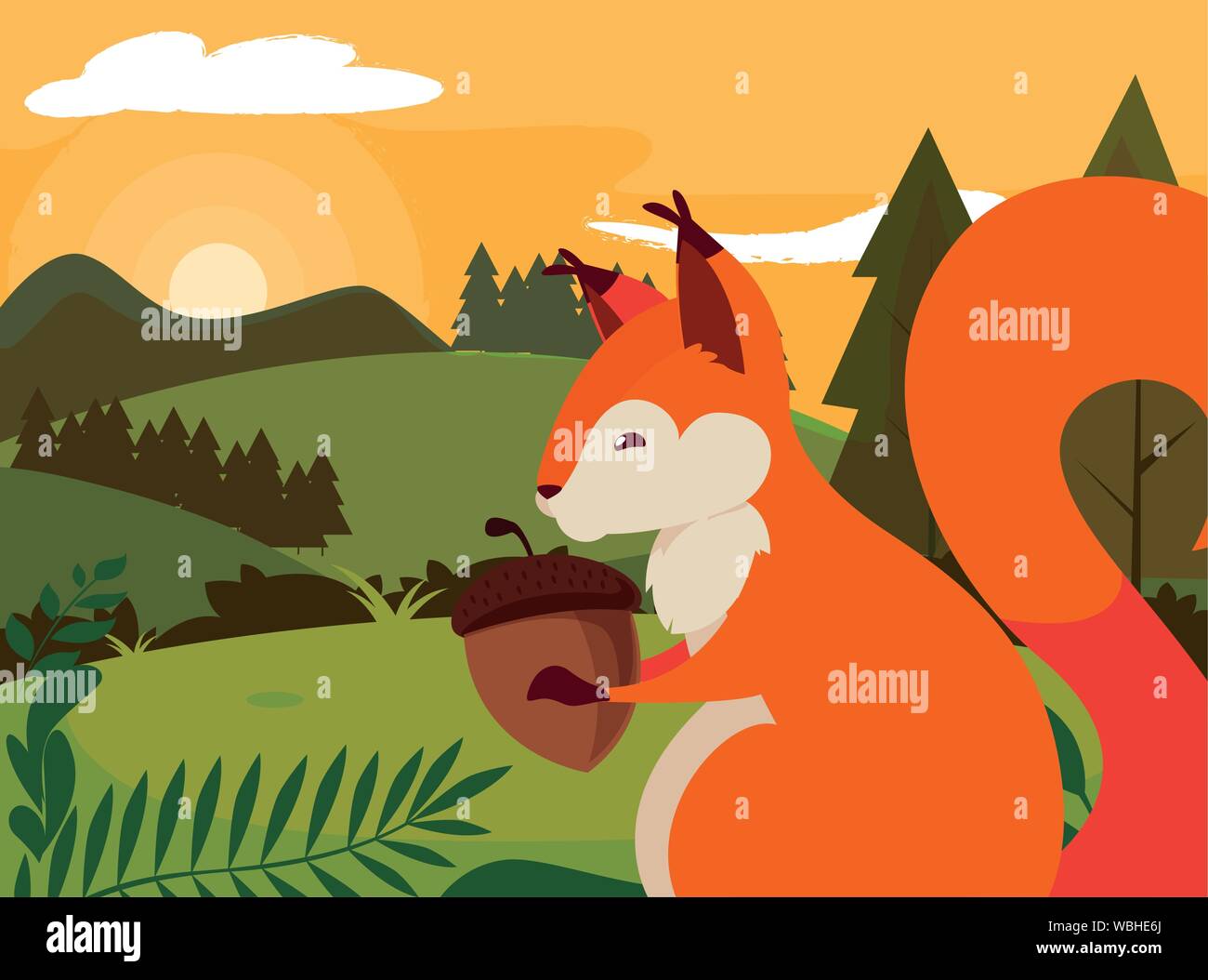 squirrel acorn happy autumn season landscape vector illustration Stock ...