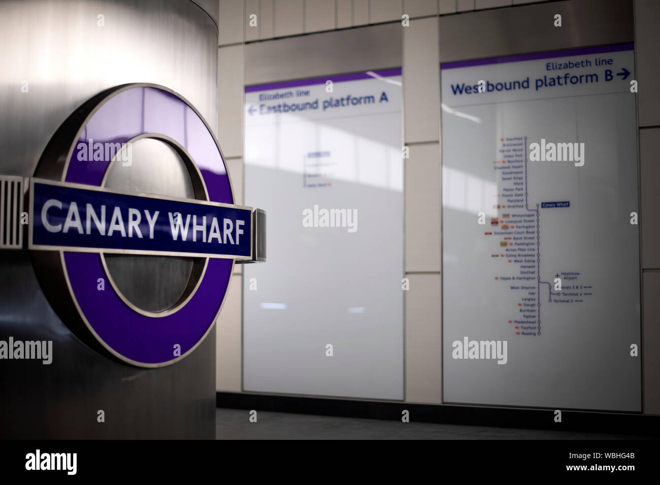Canary Wharf signage in place on the platform of the new Elizabeth Line ...