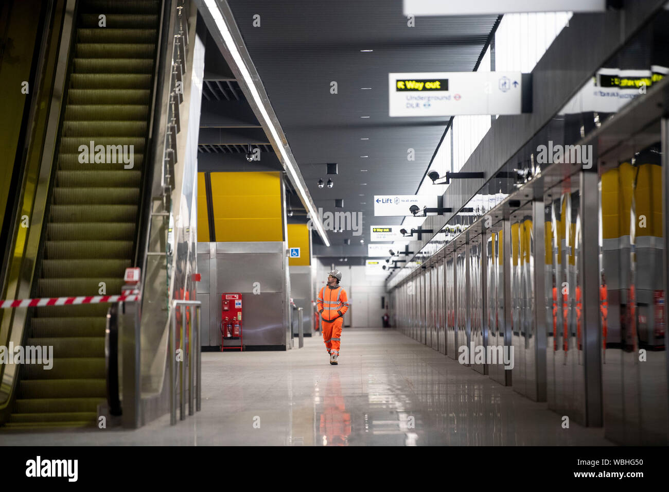 One of the platforms for the new Elizabeth Line at Canary Wharf station ...