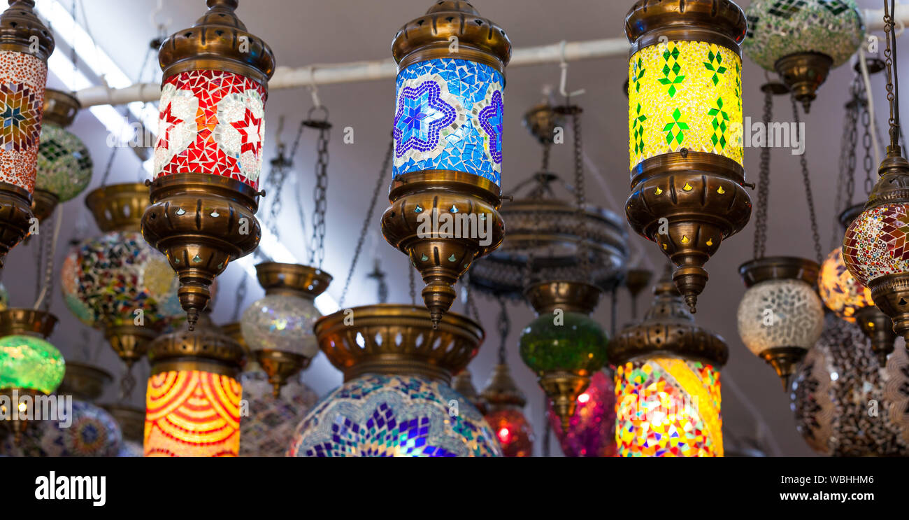 Colorful traditional Arabic mosaic lamp. Many different lamp background ...