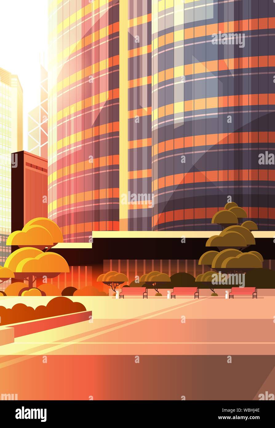 beautifil city street sunset skyline high skyscrapers modern cityscape ...