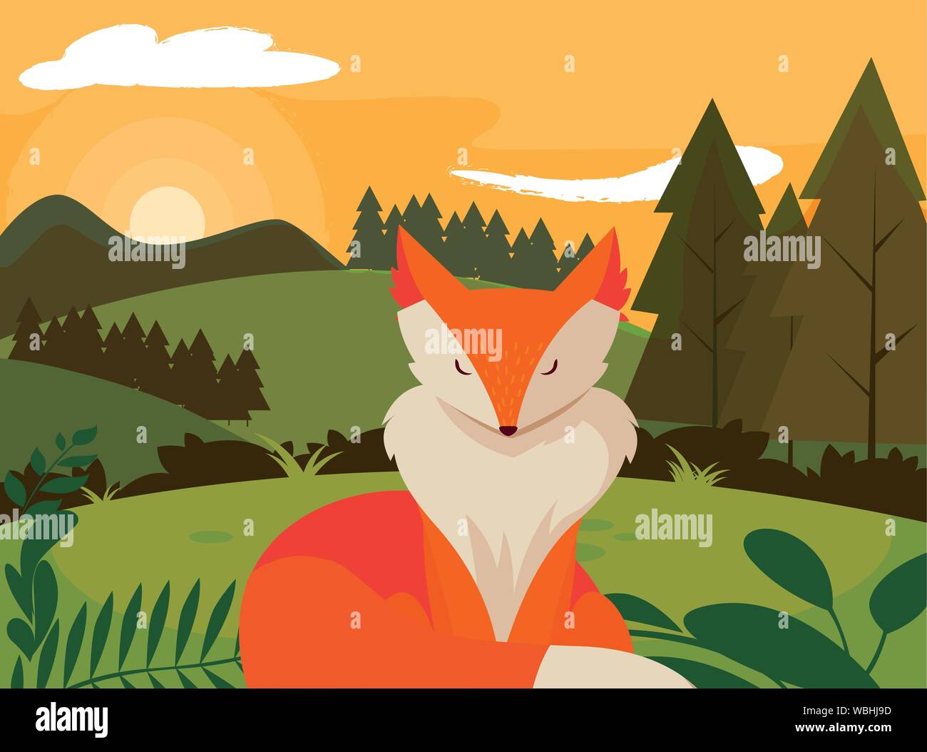 fox mammal happy autumn season landscape vector illustration Stock ...