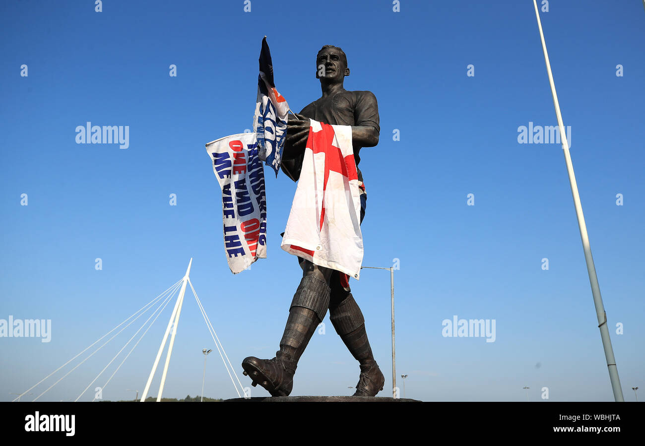 The statue of Nat Lofthouse is decorated with flags at the University ...