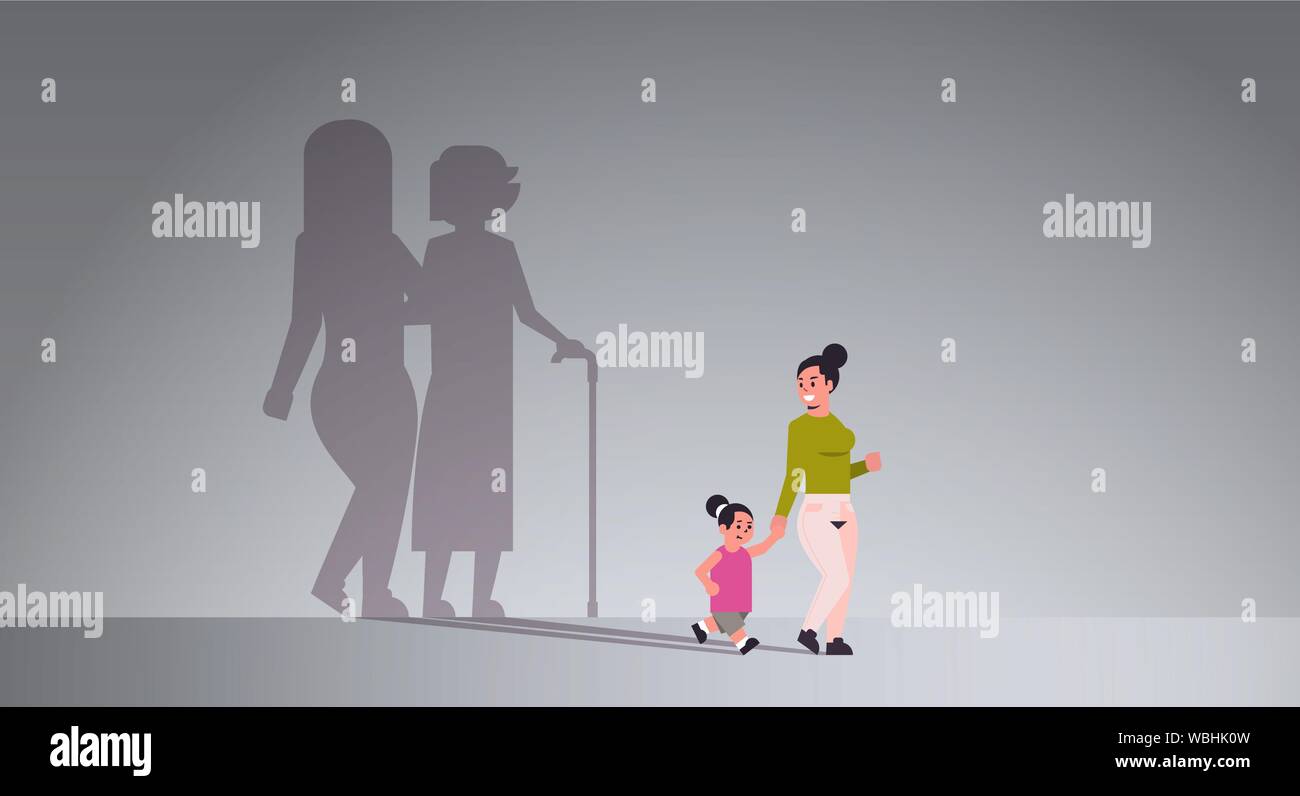 mother with daughter holding hands shadow of young and mature woman ...