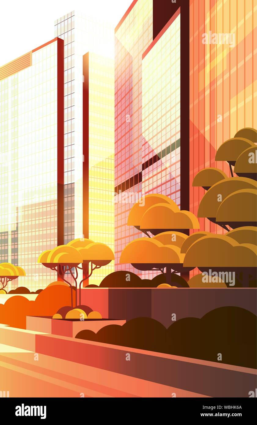 beautifil city street sunset skyline high skyscrapers modern cityscape ...