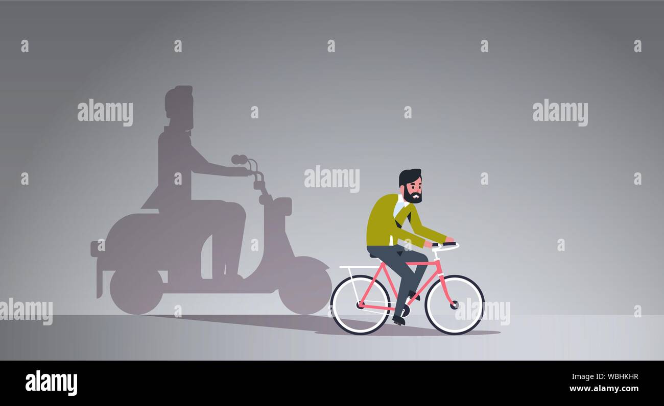 casual guy riding bike shadow of man on motor scooter imagination ...