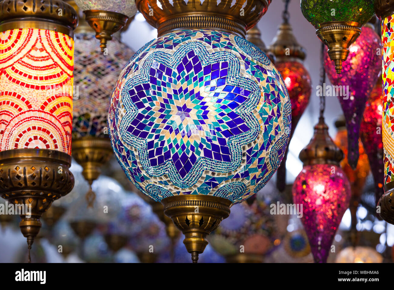 Colorful traditional Arabic mosaic lamp. Many different lamp background ...