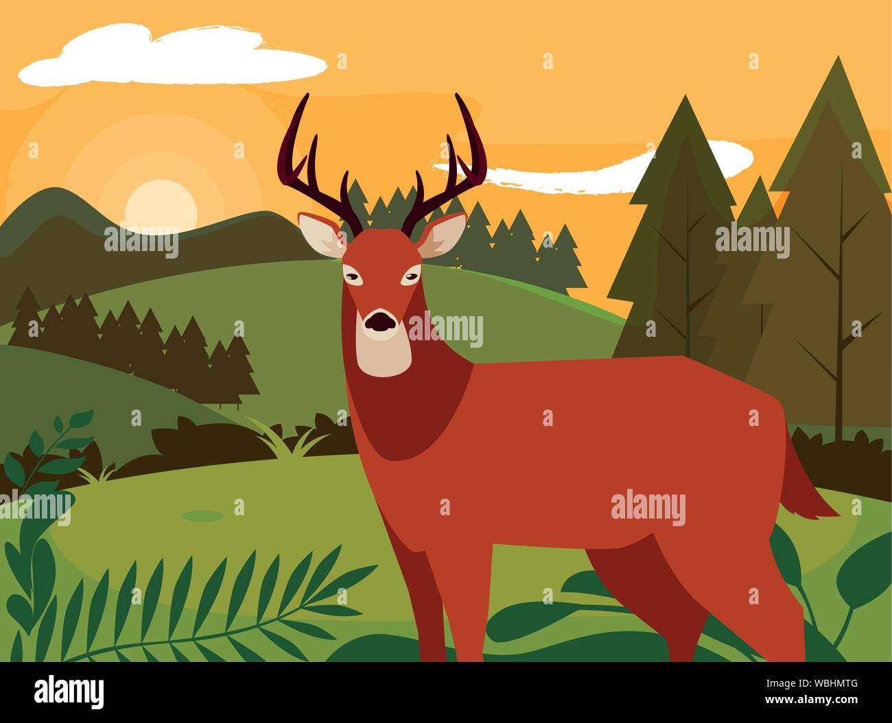 deer wildlife happy autumn season landscape vector illustration Stock ...