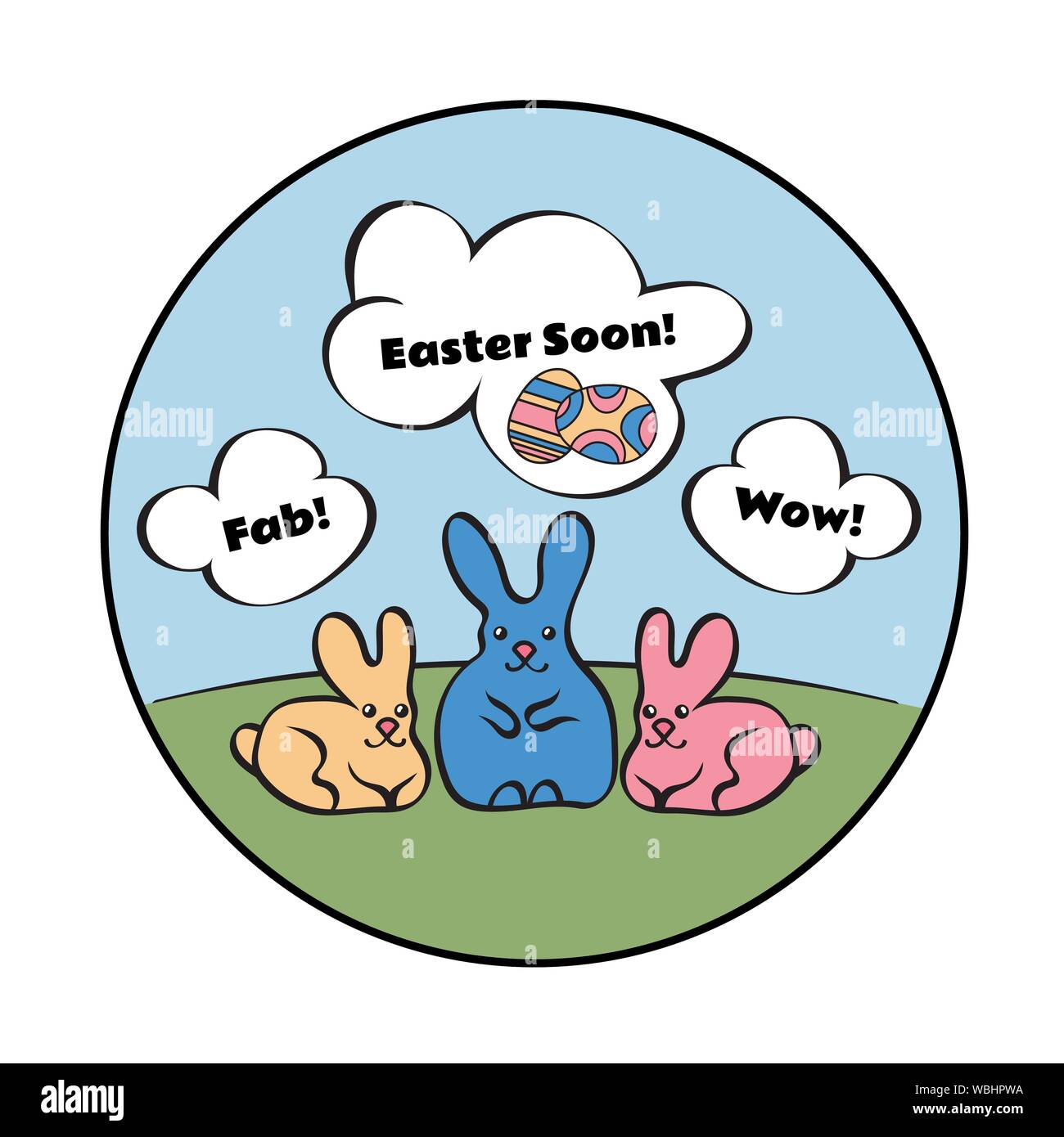 Round composition depicting three rabbits on the lawn. They're thinking ...