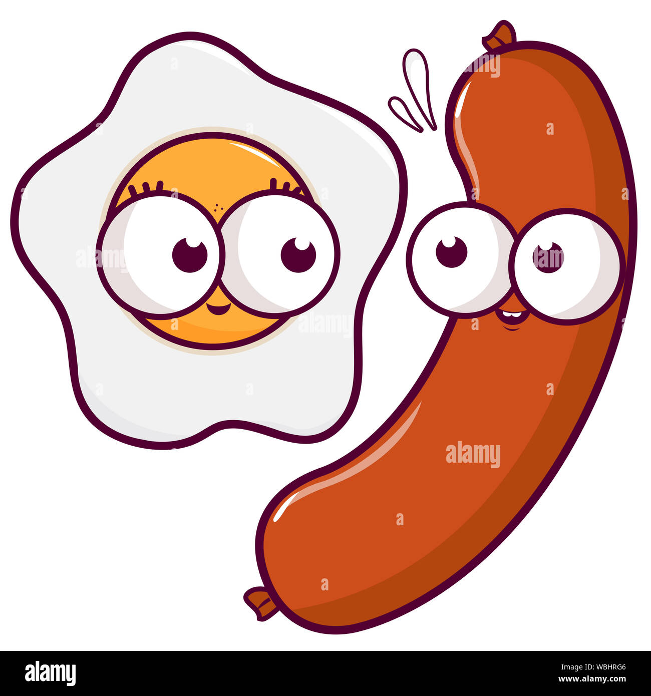 Cartoon egg and a sausage character on white background Stock Photo - Alamy