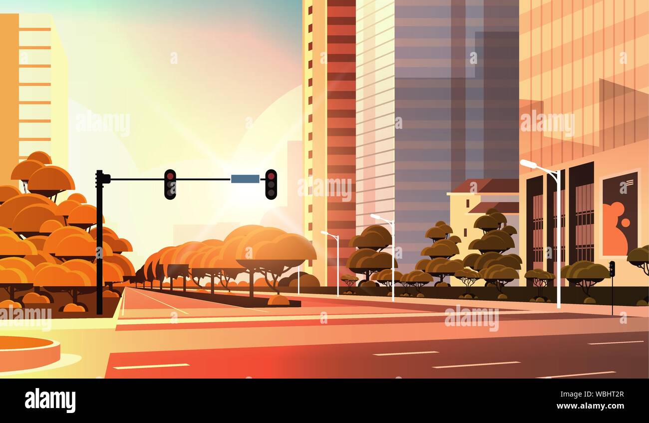 beautifil city street asphalt road with traffic light high skyscraper ...