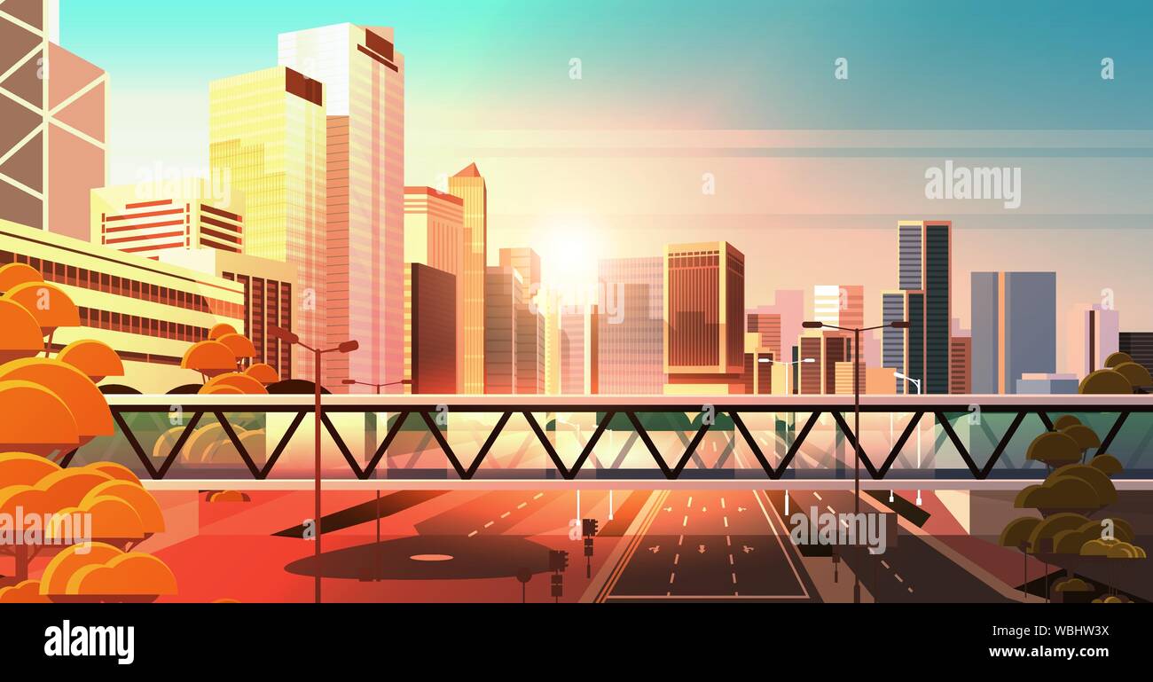 footbridge over highway asphalt road with marking arrows traffic signs ...