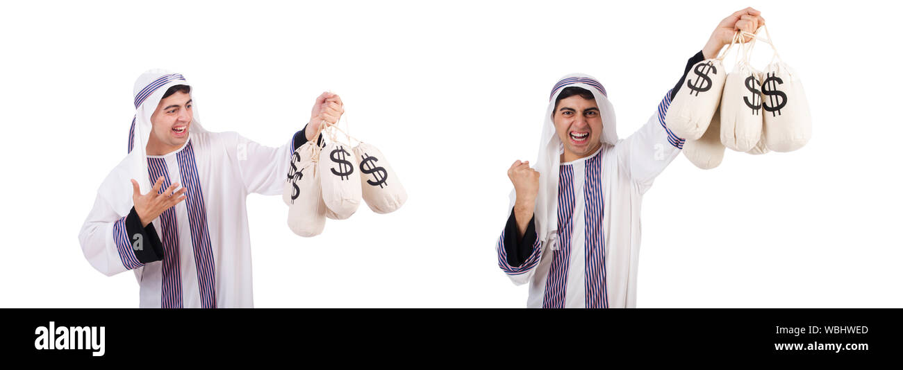 The arab man with money sacks isolated on white Stock Photo - Alamy