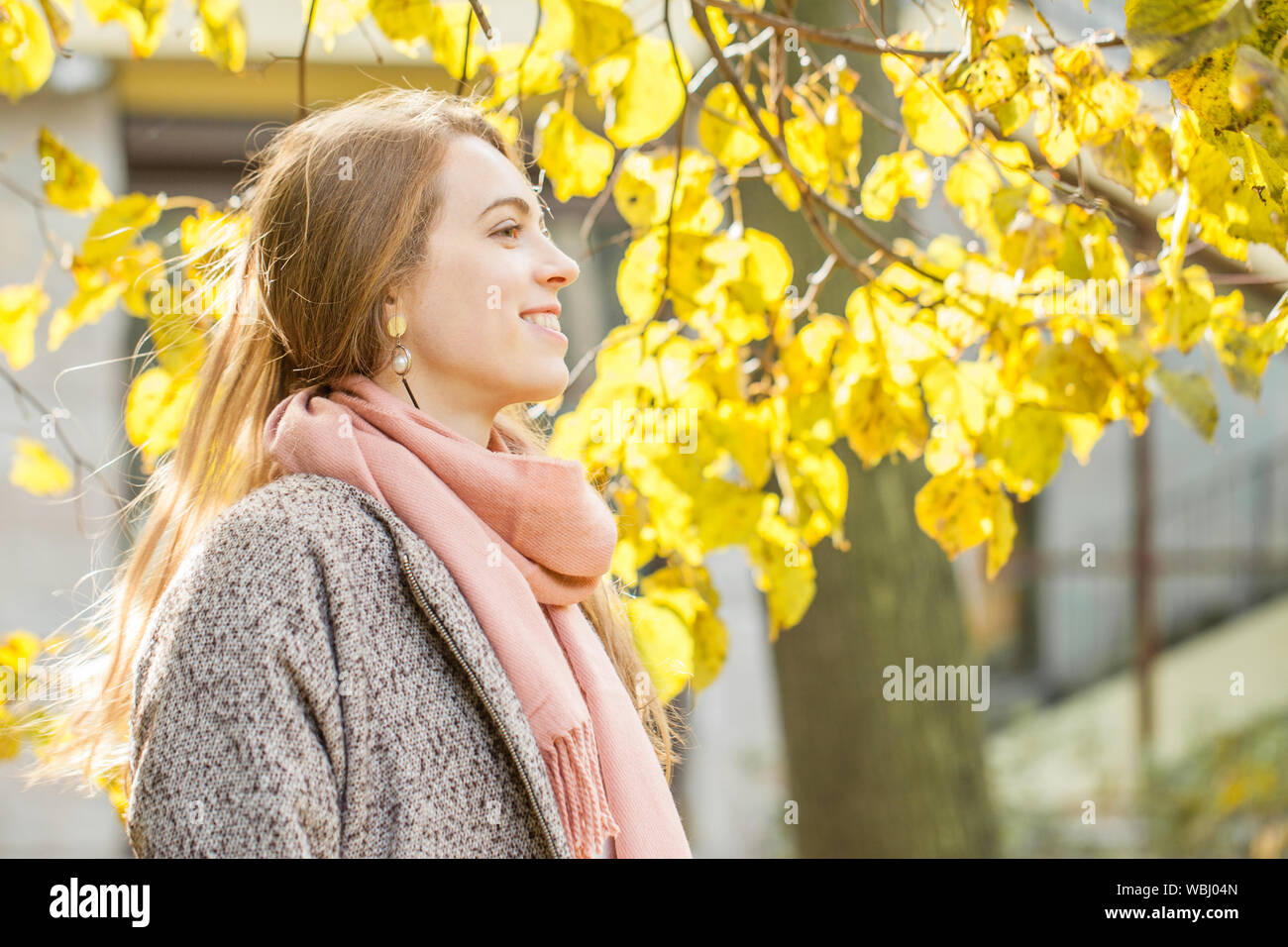 Young smiling autumn woman outdoors. Romantic girl in fall park Stock ...