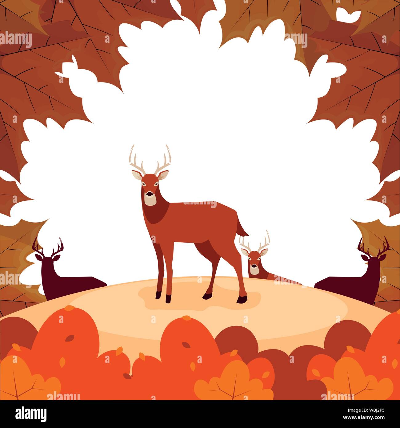 happy autumn season deers tree foliage landscape vector illustration ...