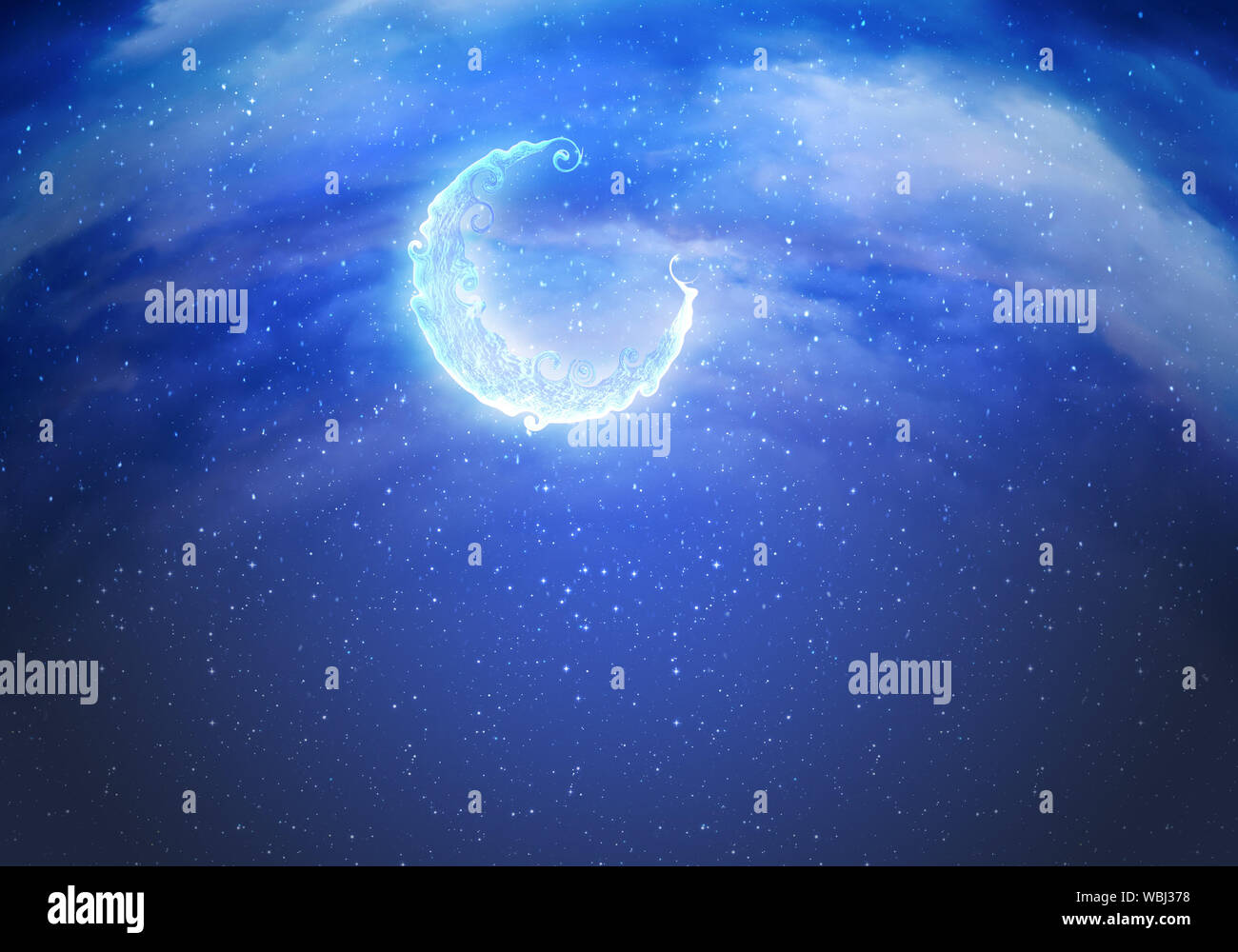 Stylized abstract textured crescent moon design over night sky ...