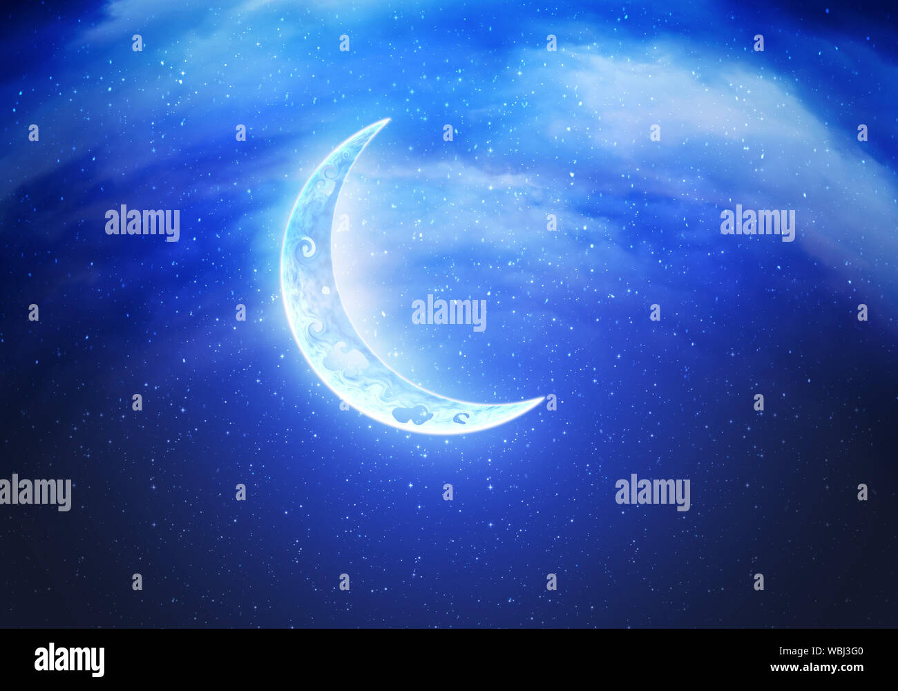 Stylized abstract textured crescent moon design over night sky ...