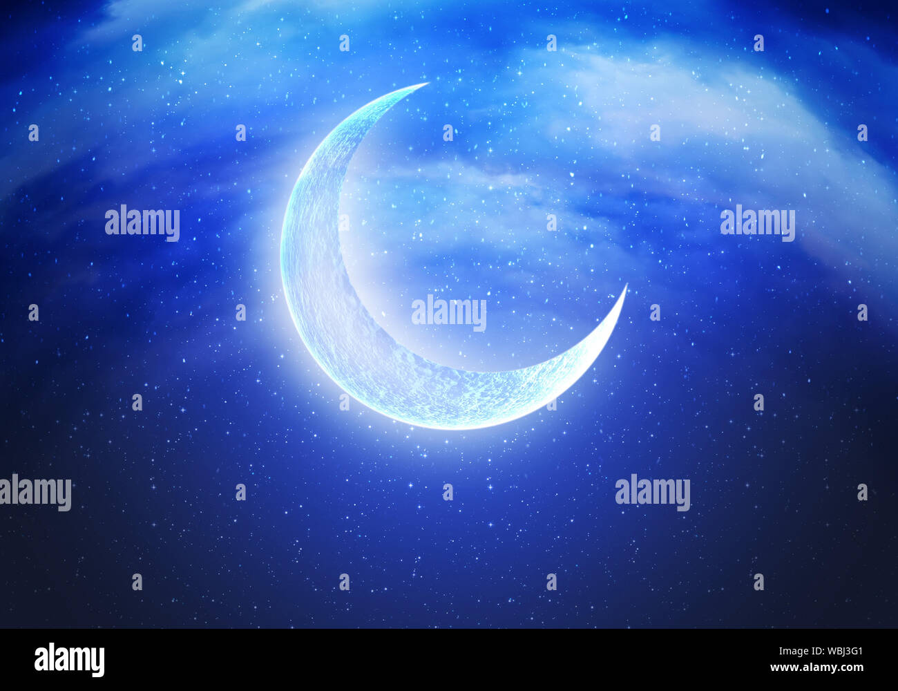 Stylized abstract textured crescent moon design over night sky ...
