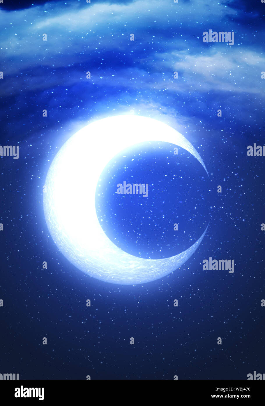 Stylized abstract textured crescent moon design over night sky ...