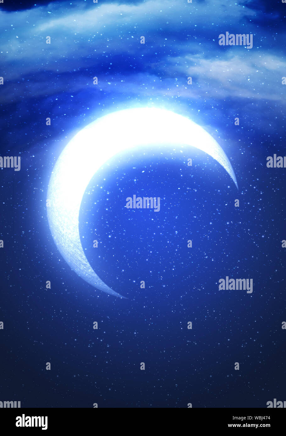 Stylized abstract textured crescent moon design over night sky ...