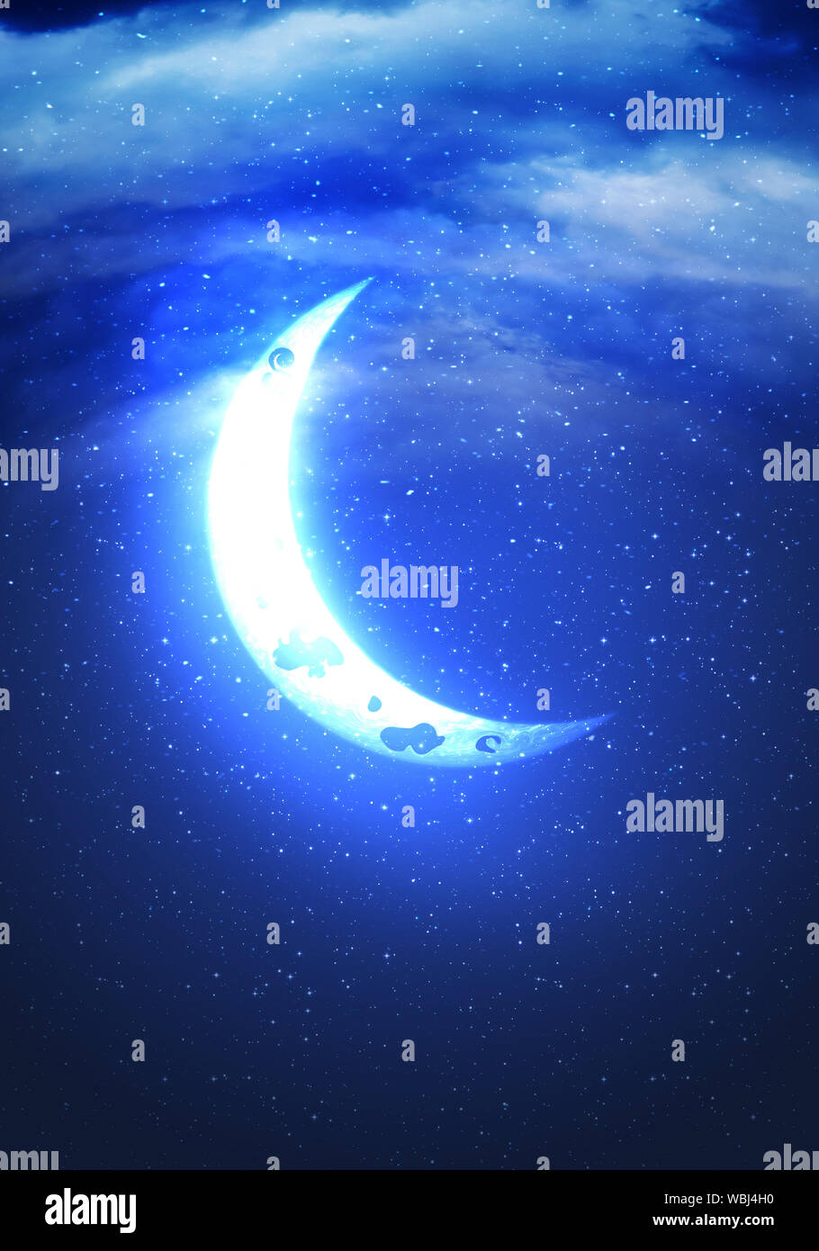 Stylized abstract textured crescent moon design over night sky ...