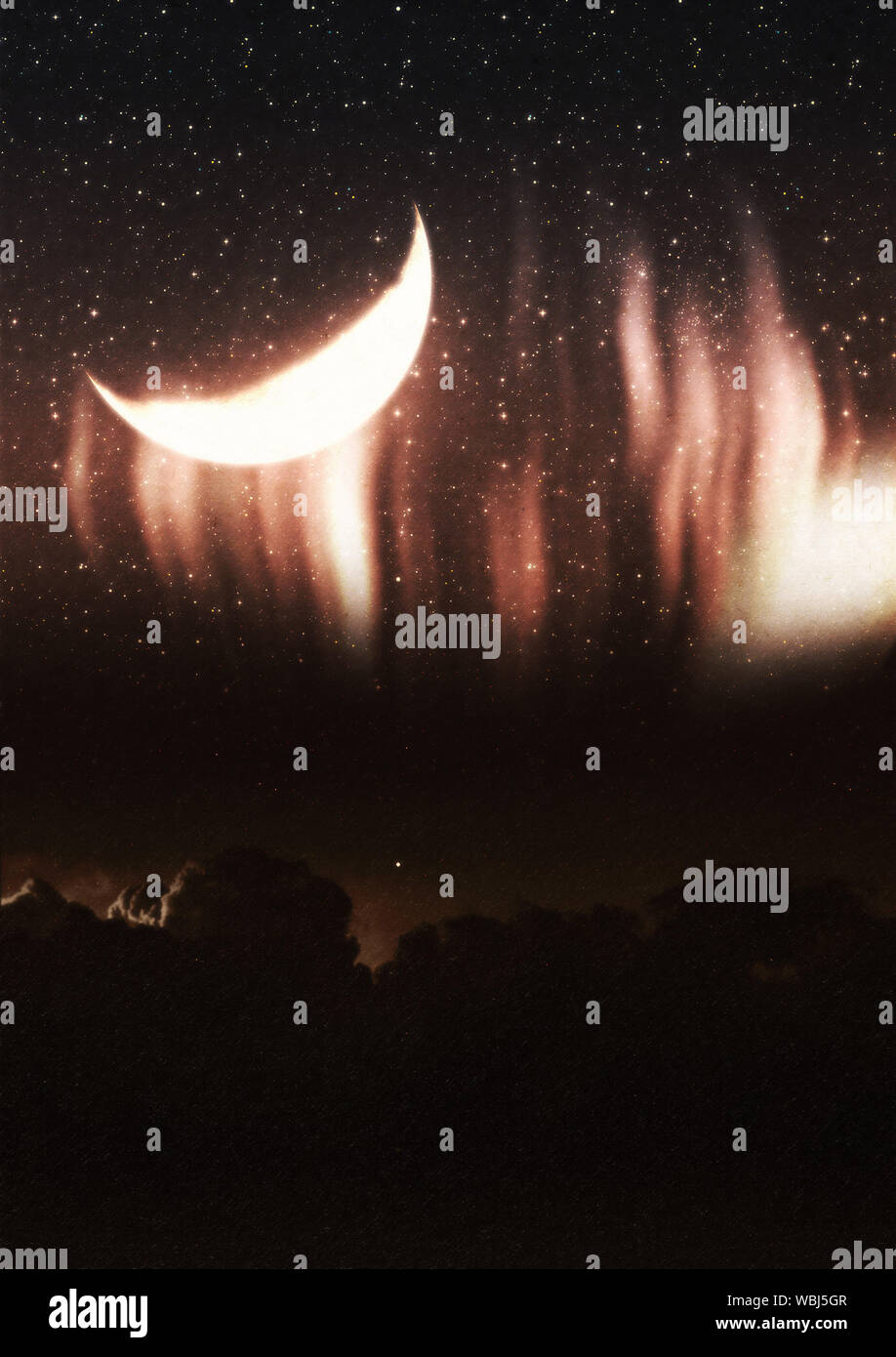 Textured grunge background with clouds, crescent moon and starfield ...