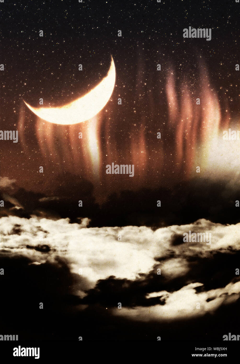 Textured grunge background with clouds, crescent moon and starfield Stock Photo - Alamy