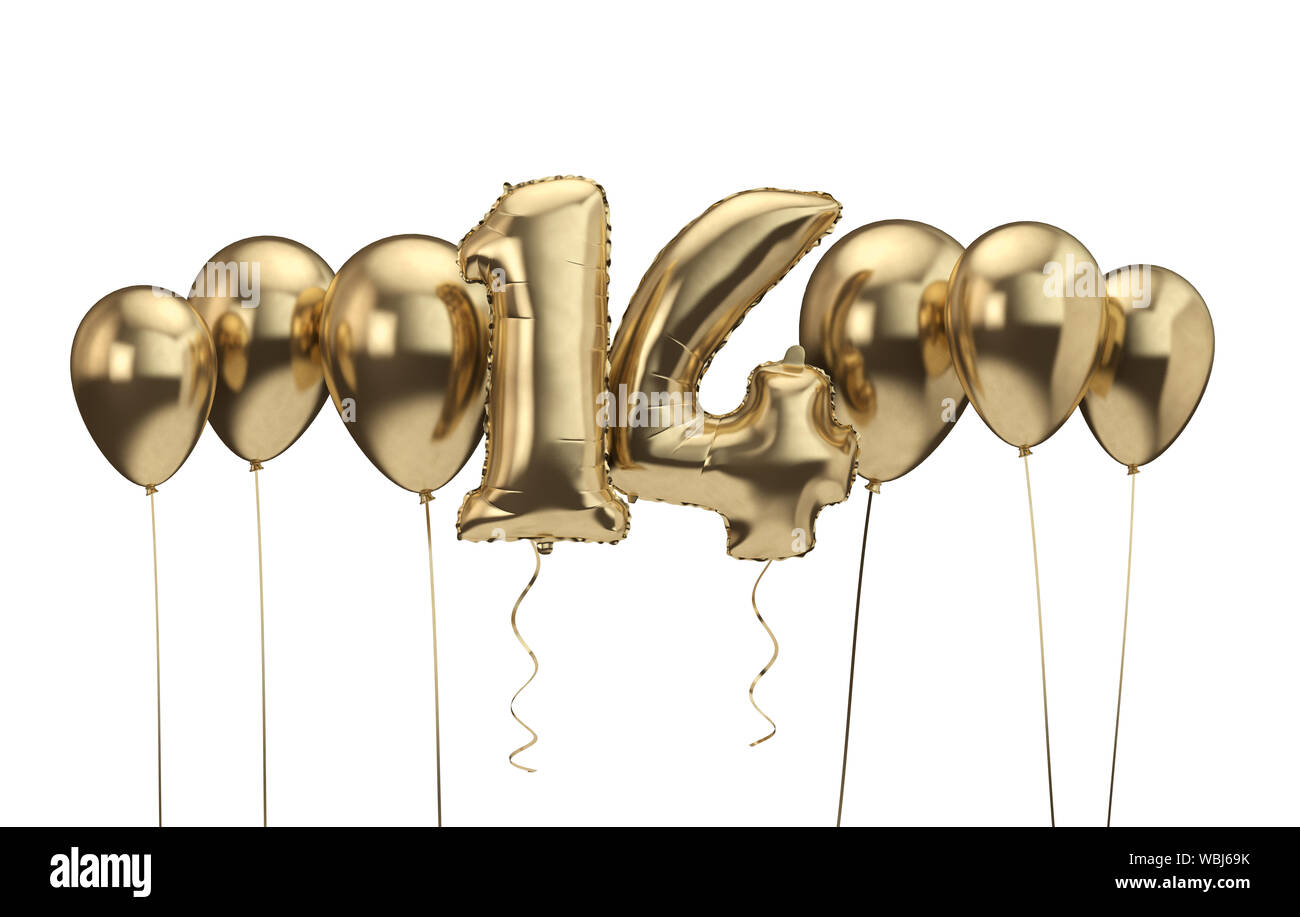 14th birthday gold balloon background. Happy Birthday. 3D Rendering ...