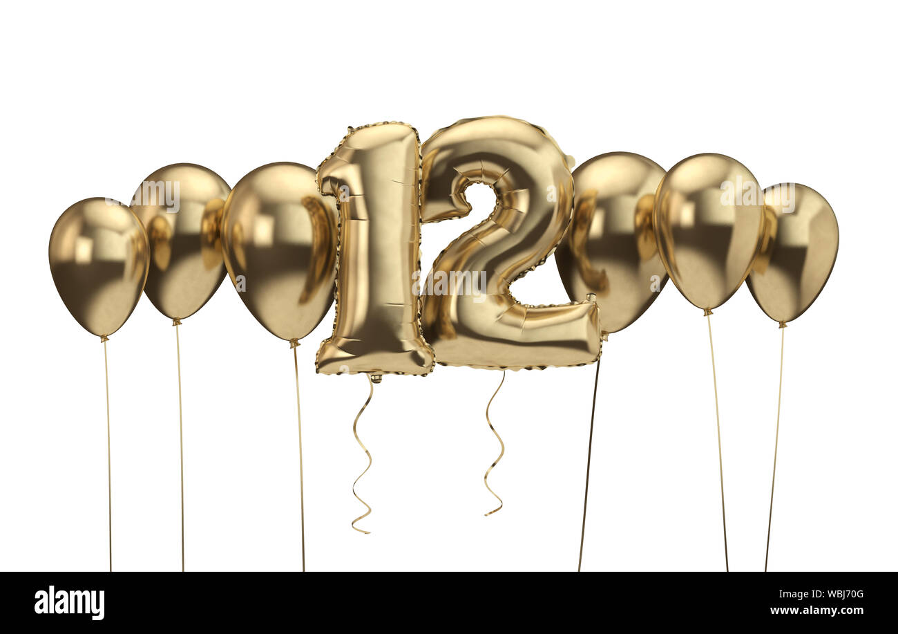 12th birthday gold balloon background. Happy Birthday. 3D Rendering ...