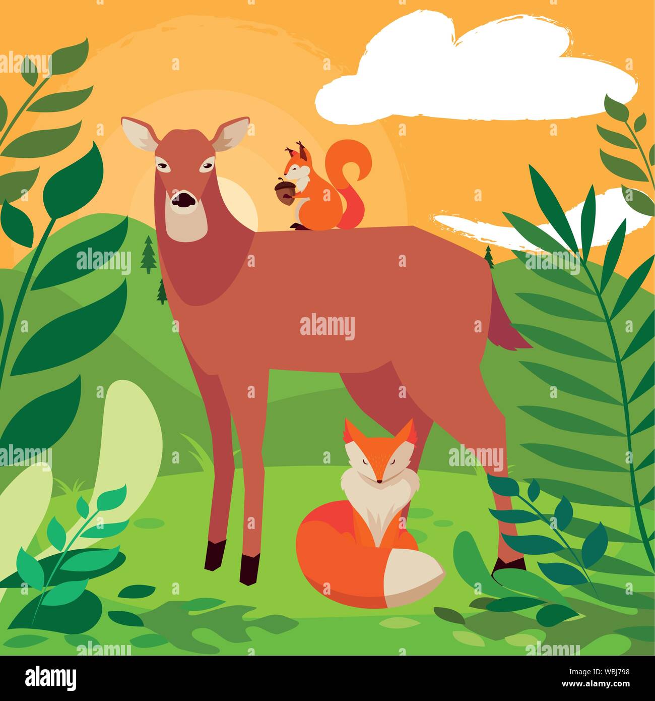 deer fox and squirrel happy autumn season trees meadow foliage vector ...