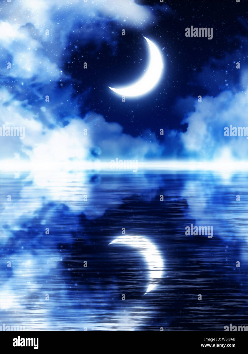 Fantasy crescent moon on blue starry sky with clouds background Stock ...