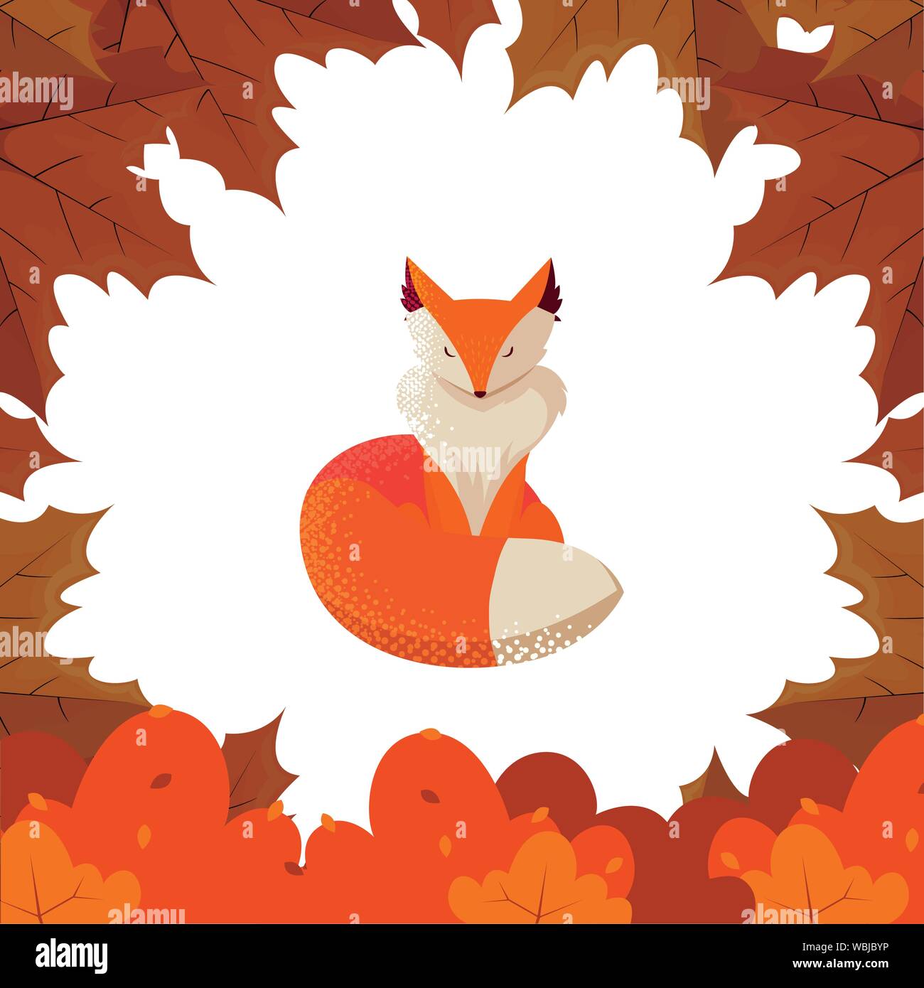 happy autumn season fox mammal frame foliage leaves vector illustration ...
