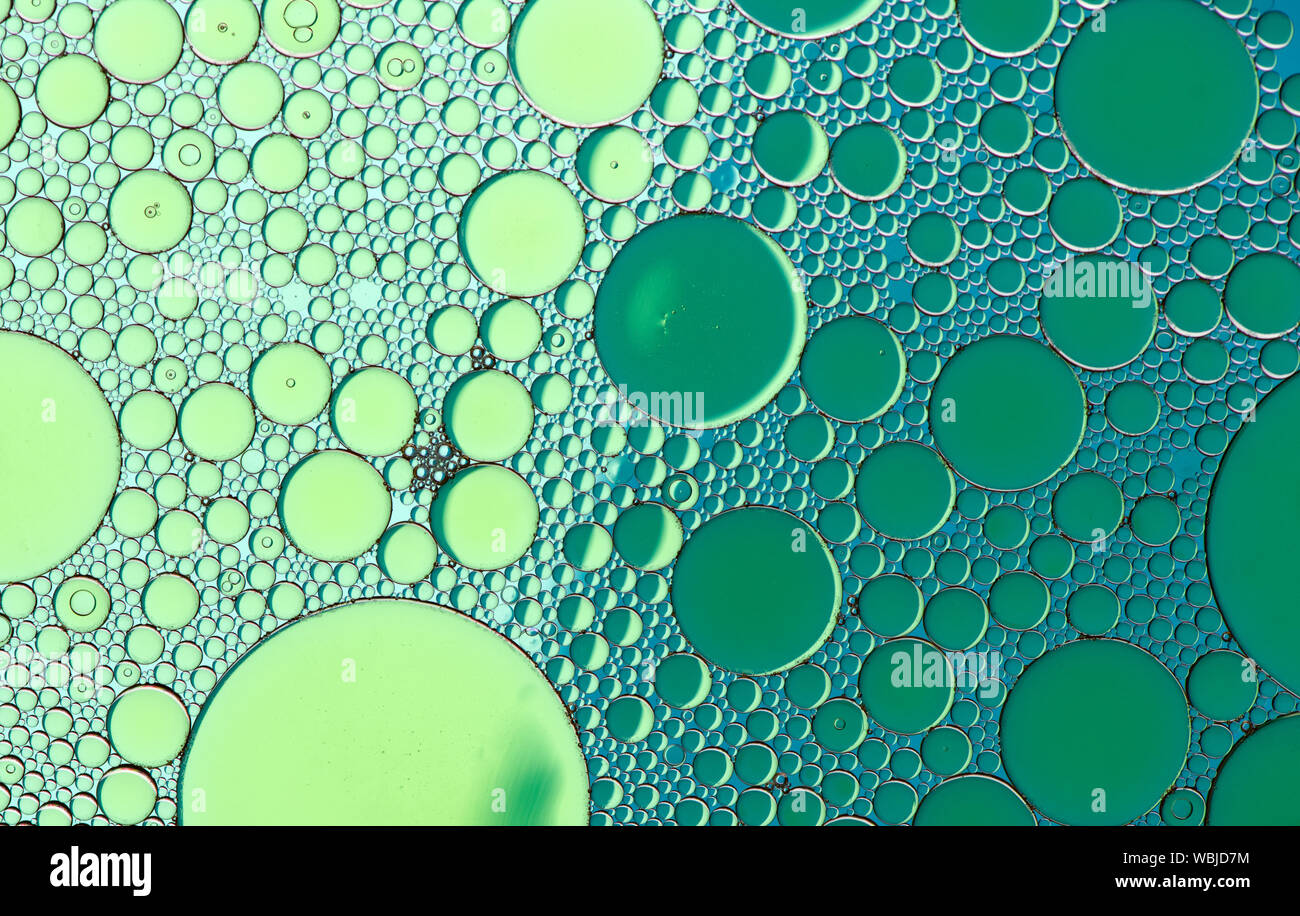 Multi-coloured bubble patterns formed by oil floating on water Stock ...