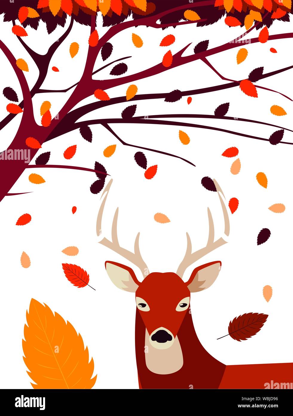 happy autumn season deer tree foliage landscape vector illustration ...