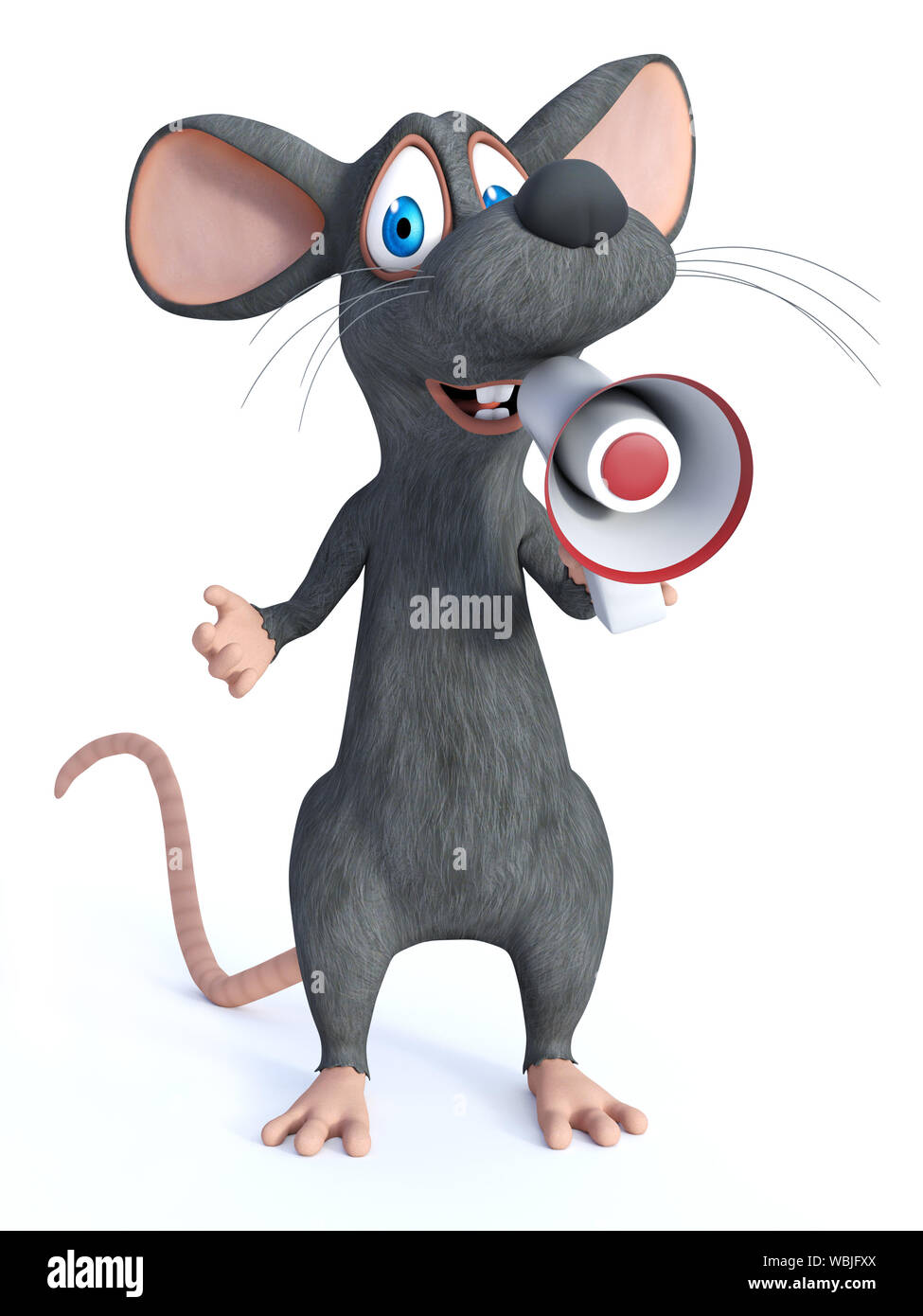3D rendering of a cute smiling cartoon mouse holding and speaking into ...