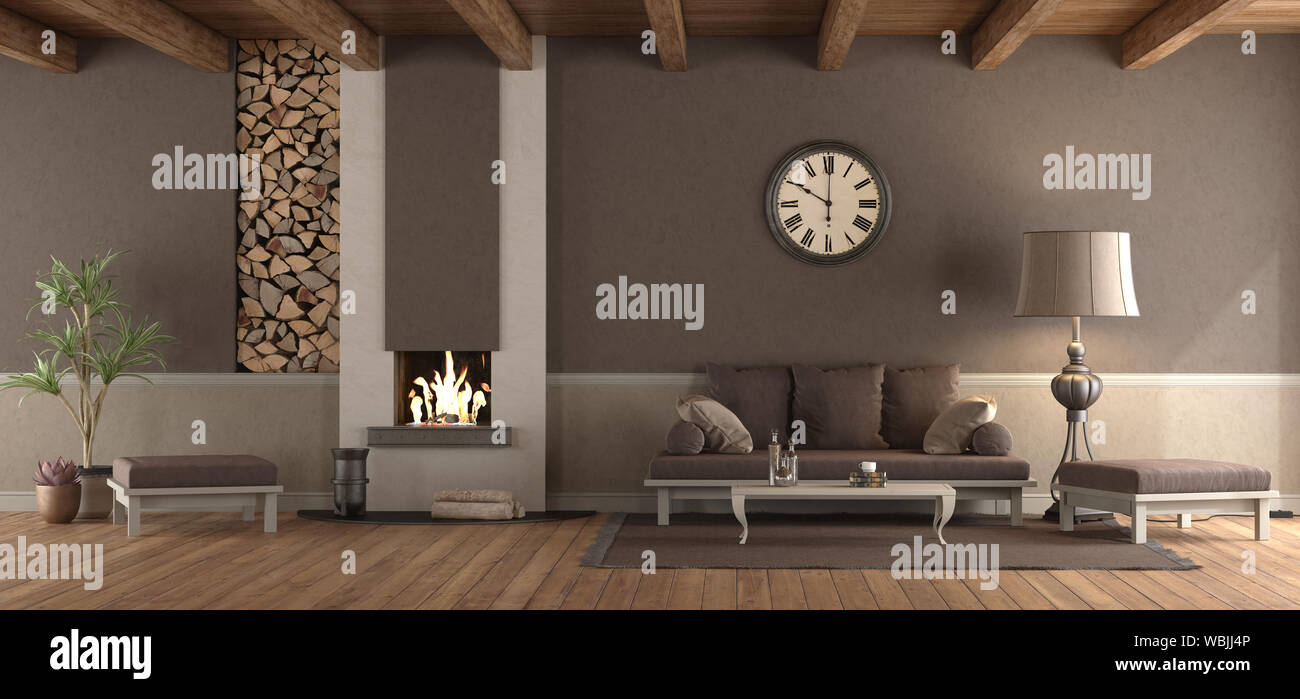 Brown living room in classic style with sofa and fireplace - 3d ...