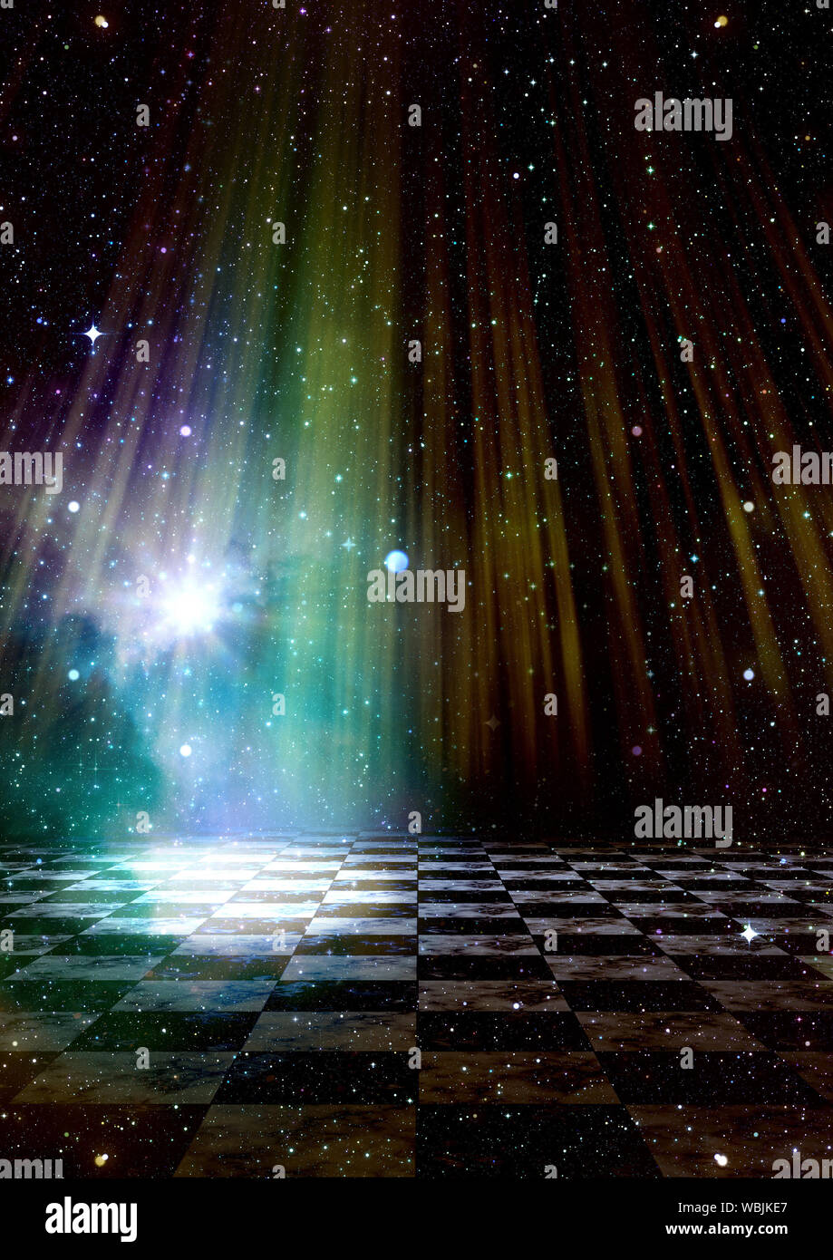 Abstract stage background with curtains and marble checkered floor ...