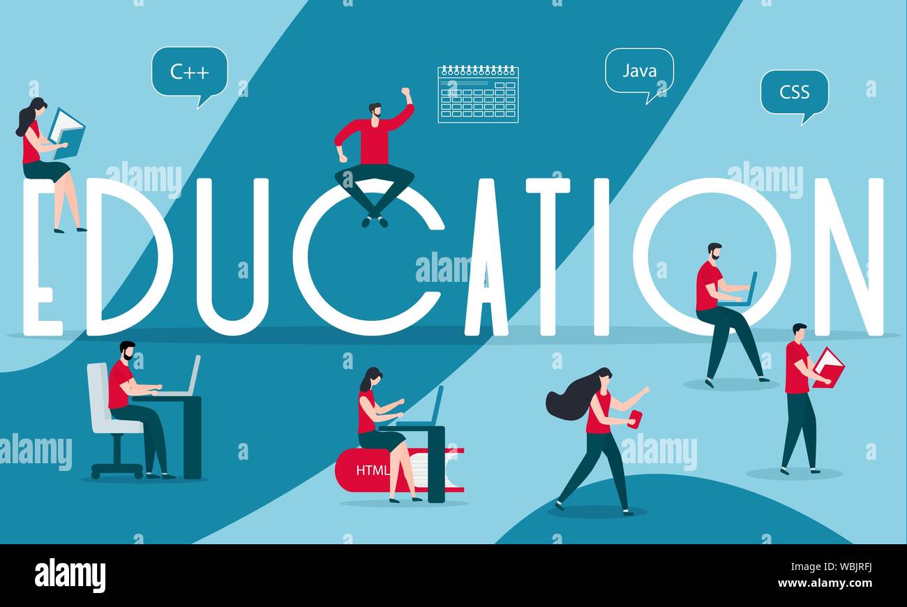 Vector illustration with inscription education, people studying manual ...