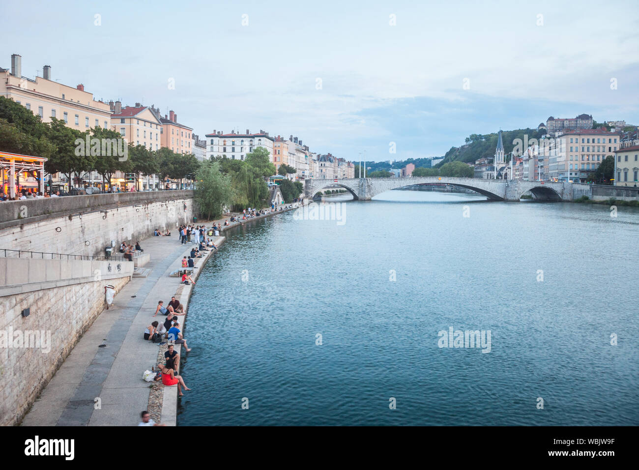 LYON, FRANCE - JULY 17, 2019: Panorama of Saone river and the Quais de ...