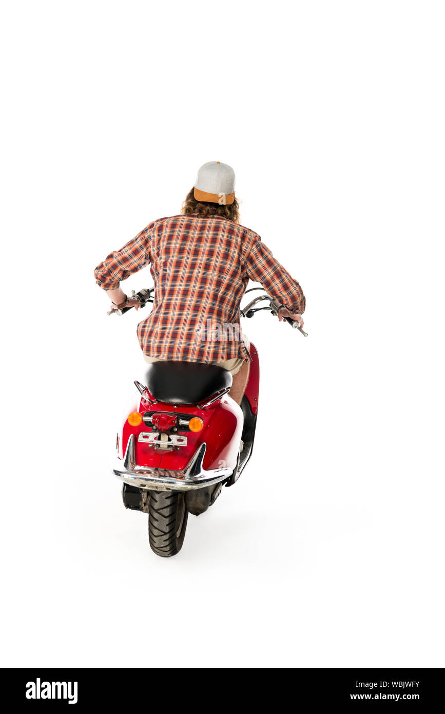 back view of young man sitting on red scooter isolated on white Stock ...