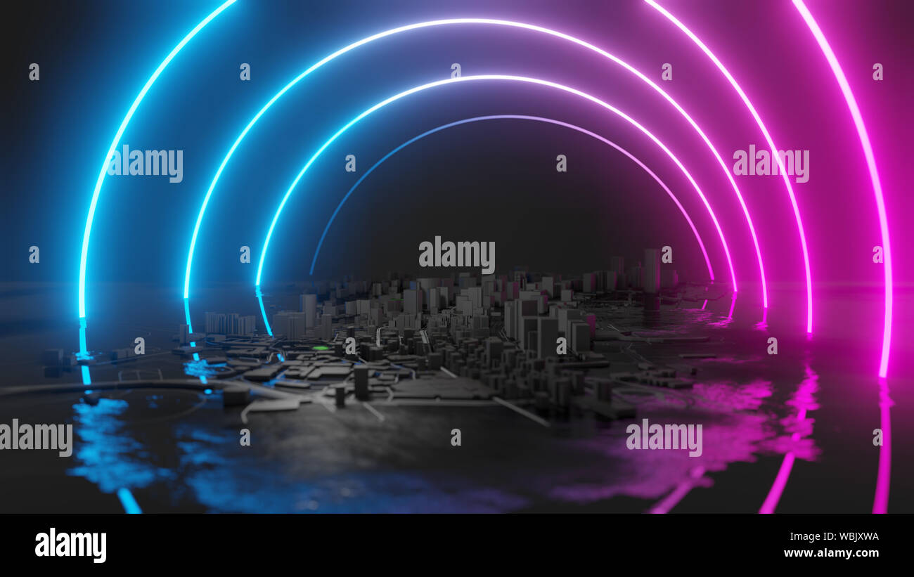 Futuristic night city. Cityscape with bright and glowing neon purple ...