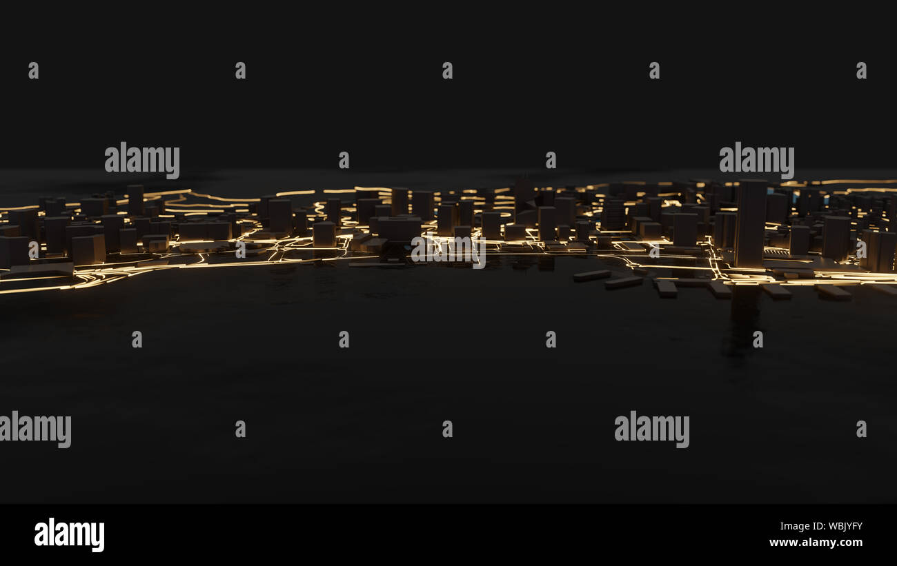 Modern city traffic road at night. Cyberpunk style 3D illustration ...