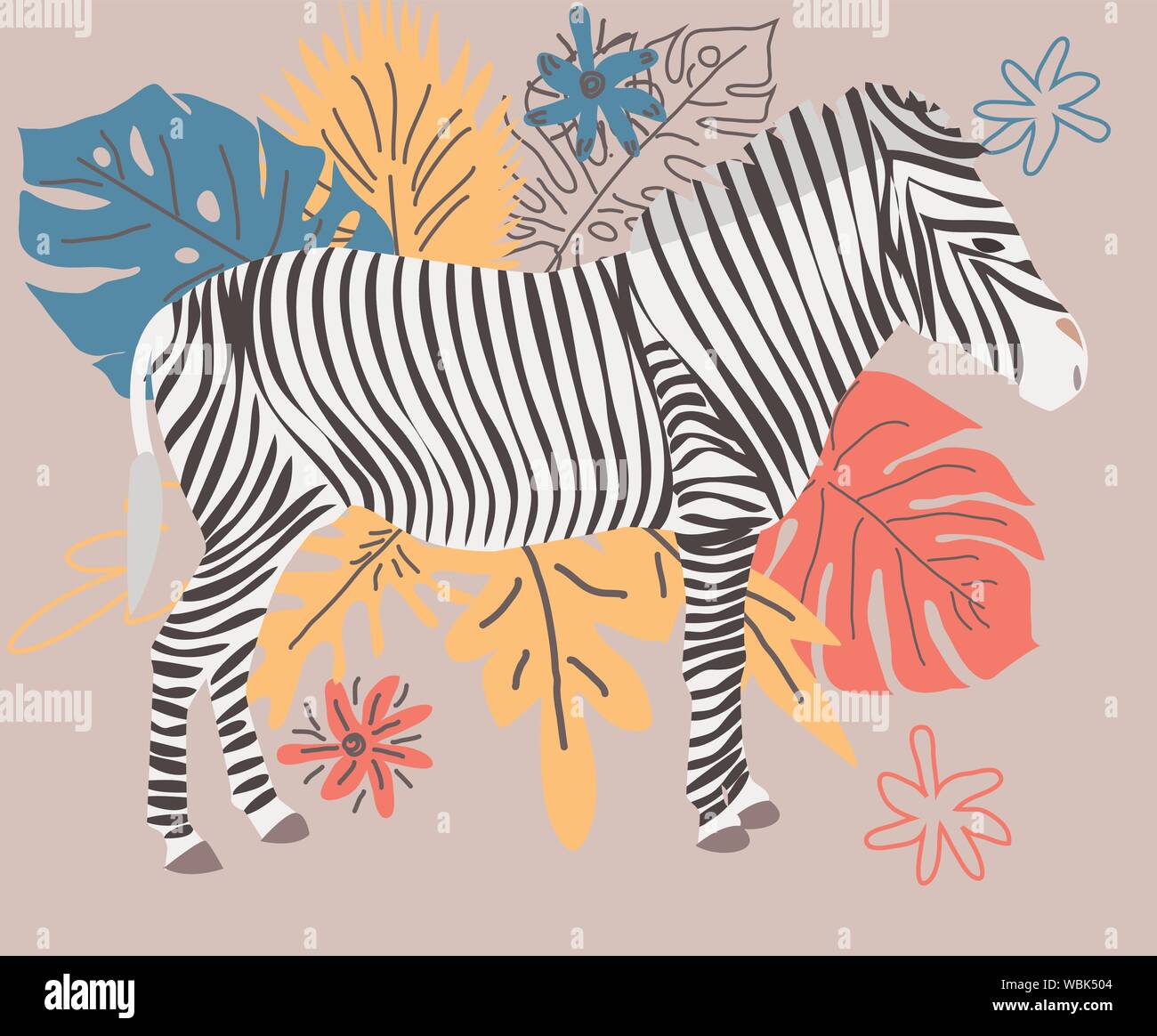 Hand drawn colorful zebra with flowers, Monstera, a bouquet. Zebra ...
