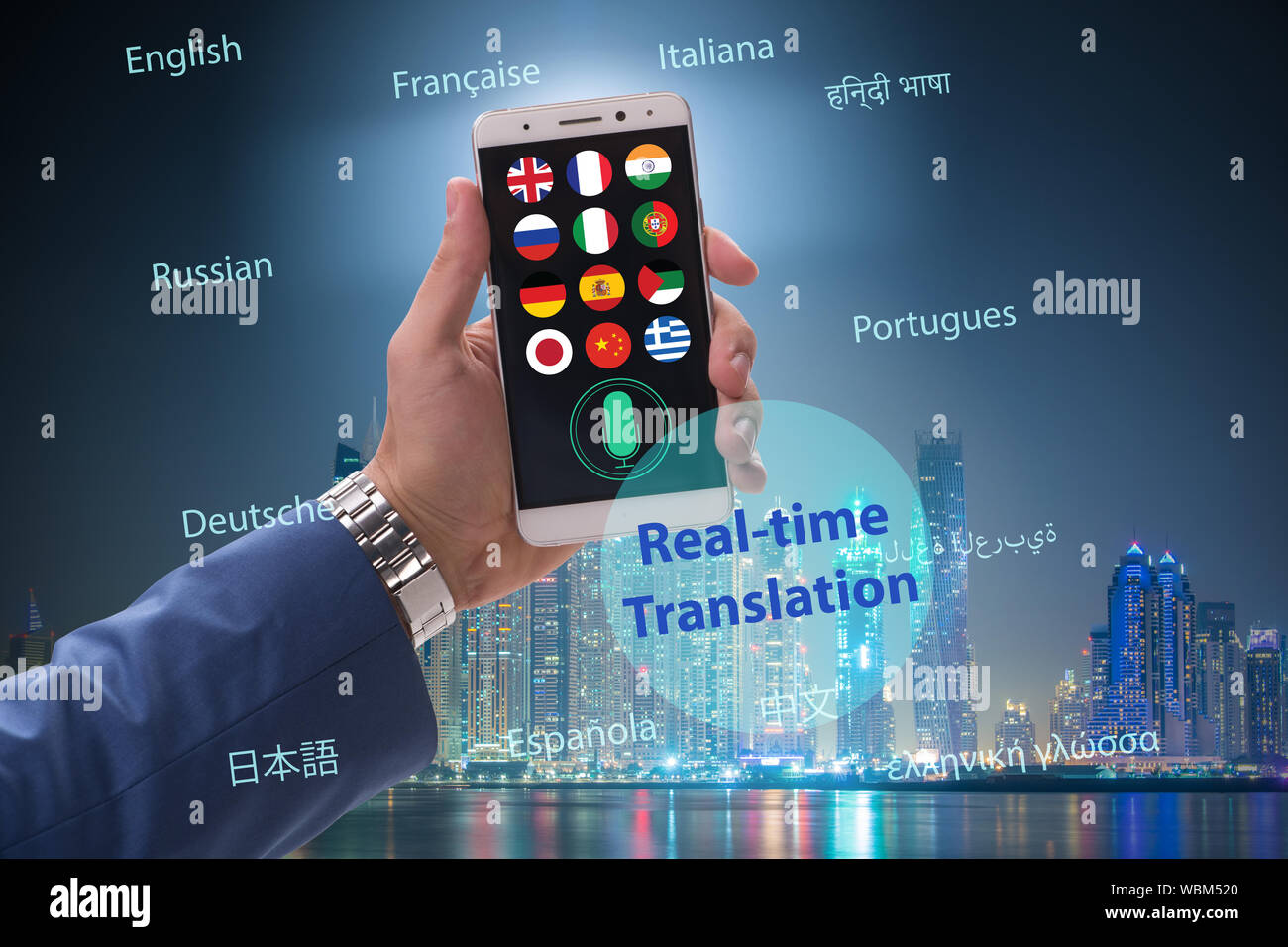 The concept of real time translation with smartphone app Stock Photo ...