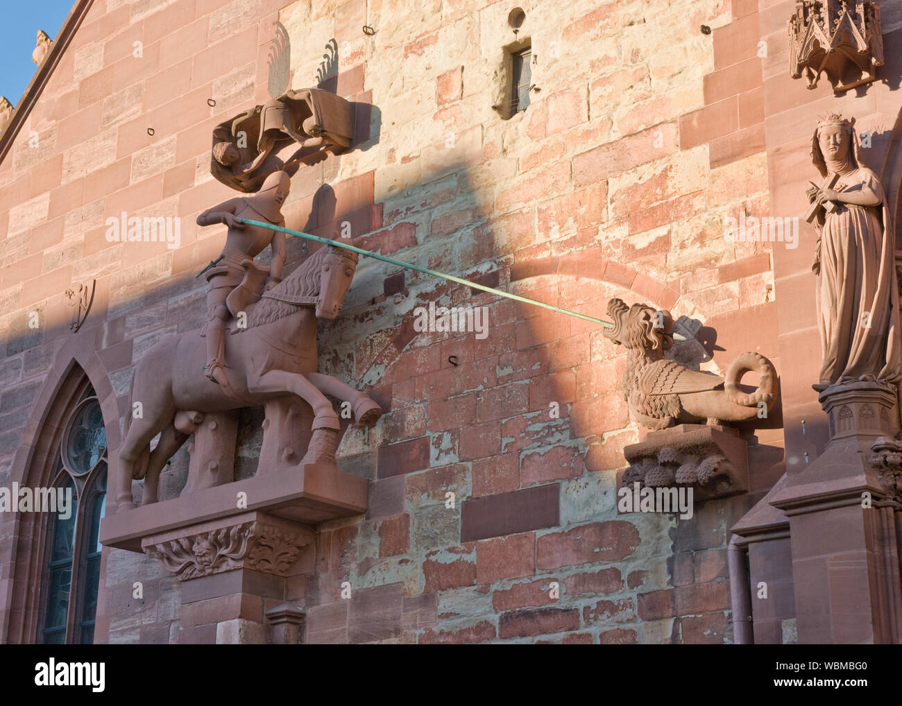 George and dragon statue sculptures on the main wall of the Basler ...